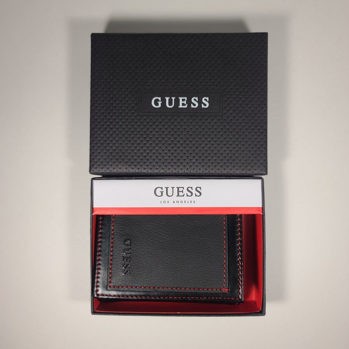 Guess Los Angeles Men's Trifold Wallet Faux Black Red Stitching 31GO11