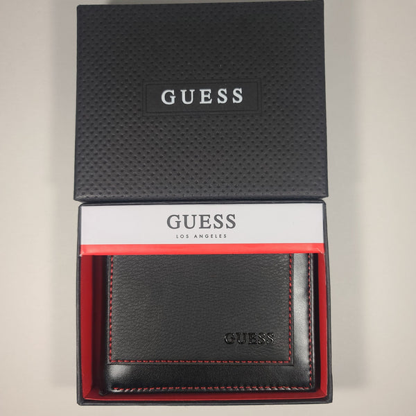 Guess Los Angeles Men's Bifold Wallet Faux Black Red Stitching 31GO220