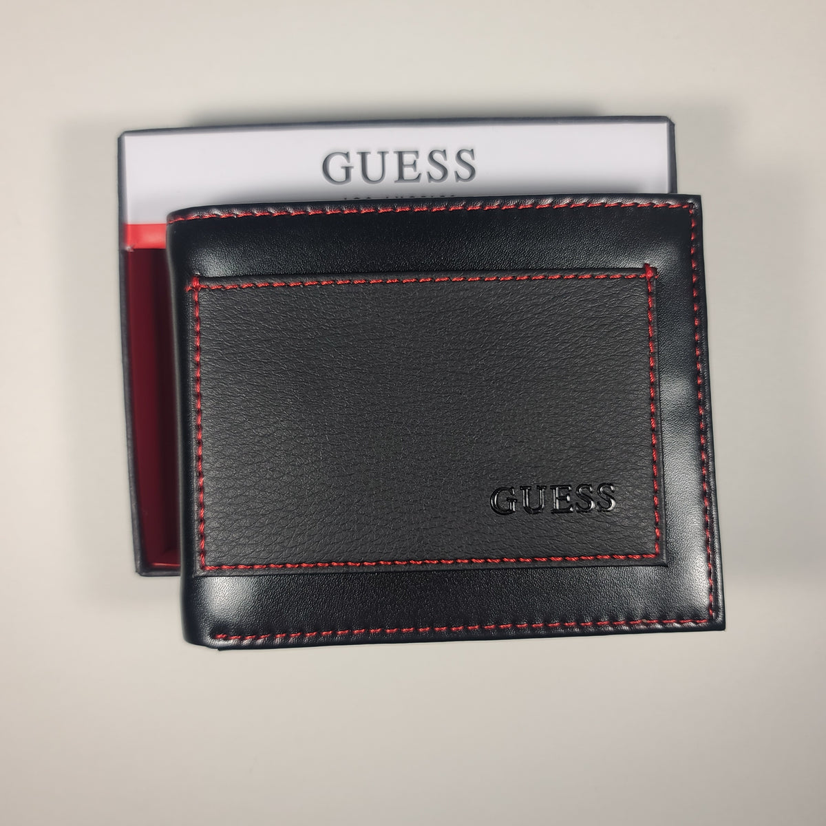 Guess Los Angeles Men's Bifold Wallet Faux Black Red Stitching 31GO220